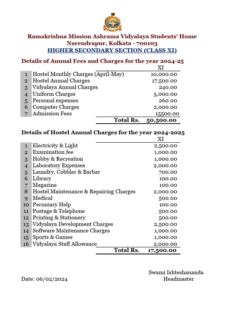 Annual Fees and Charges XI 2024 | PDF