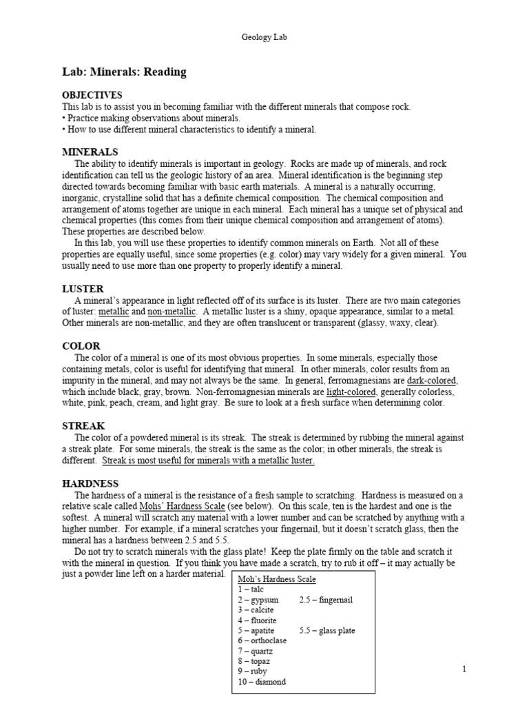 Geo LAB Mineral ID LAB S18 to print | PDF | Minerals | Mineralogy