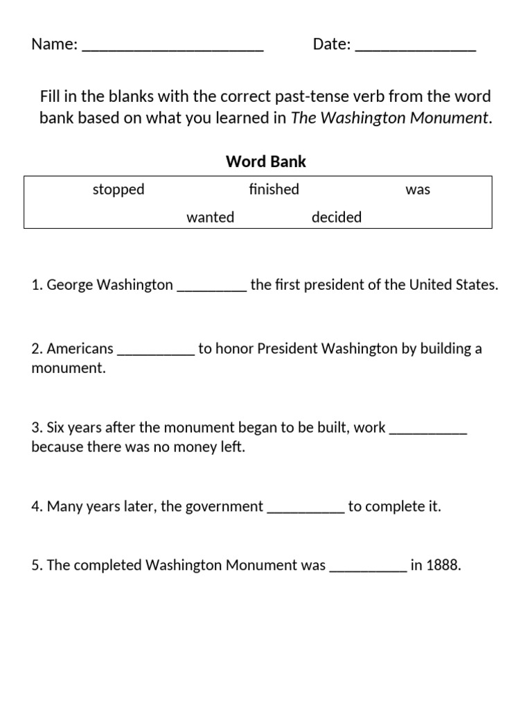 Name: - Date: - Fill in The Blanks With The Correct Past-Tense Verb ...