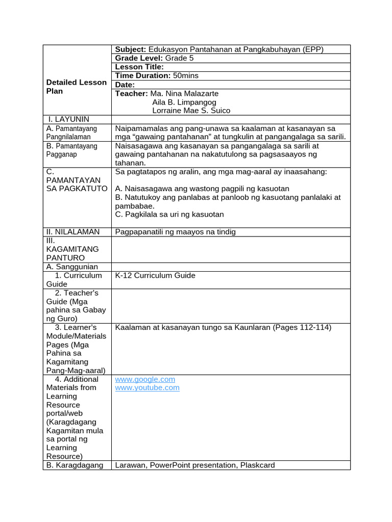 Detailed Lesson Plan EPP | PDF