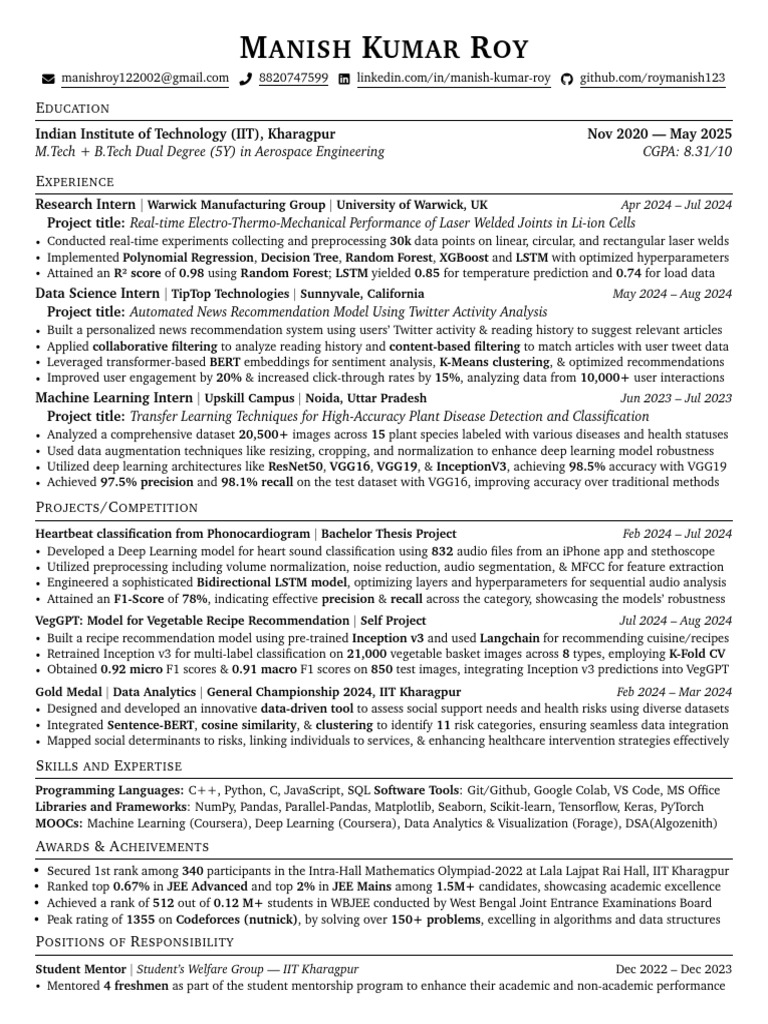 Resume Manish Kumar Roy-1 | PDF | Deep Learning | Machine Learning