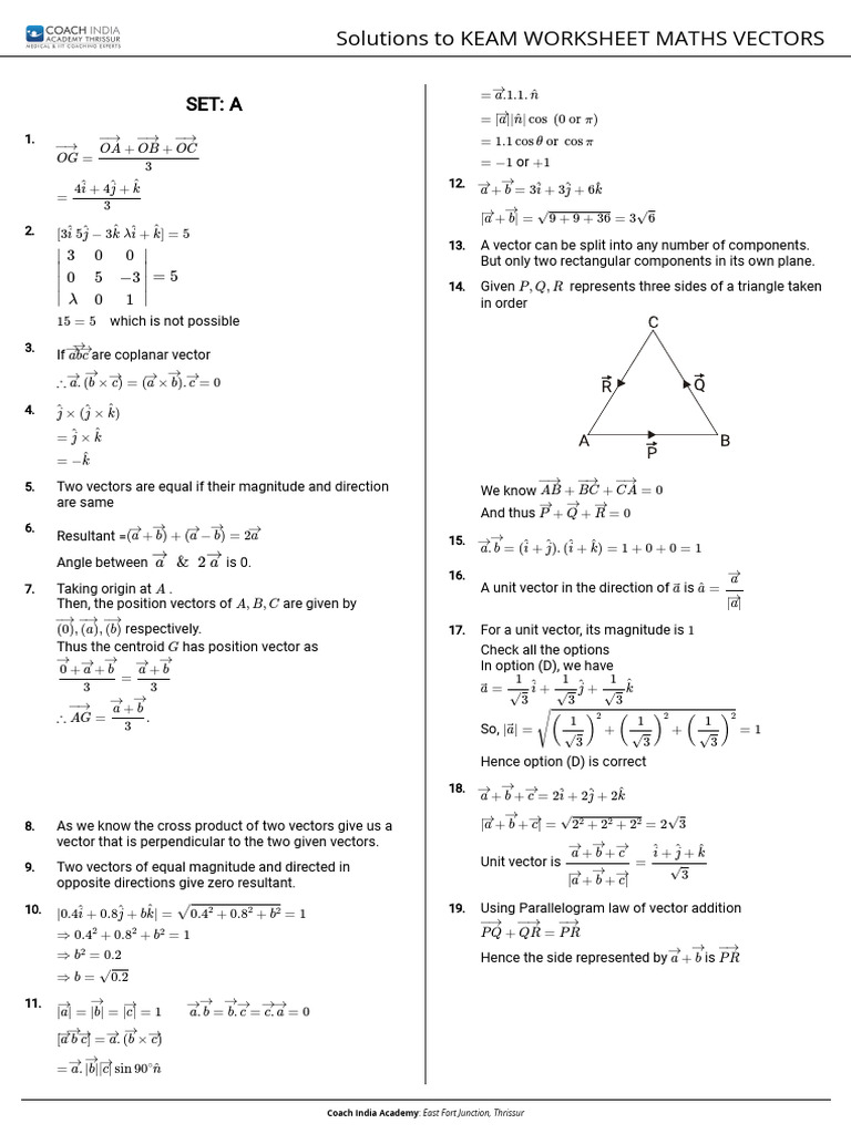 KEAM WORKSHEET MATHS VECTORS-A-Solution-1743573621 | PDF | Euclidean Vector | Mathematics