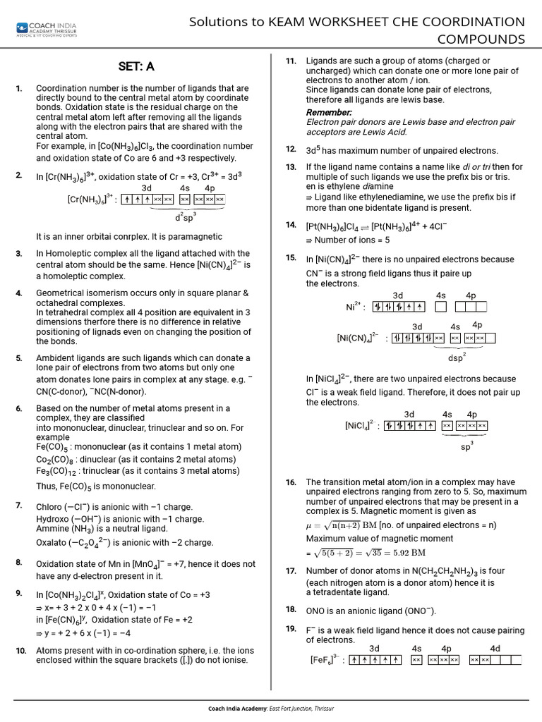 KEAM WORKSHEET CHE COORDINATION COMPOUNDS-A-Solution-1743574369 | PDF | Coordination Complex ...