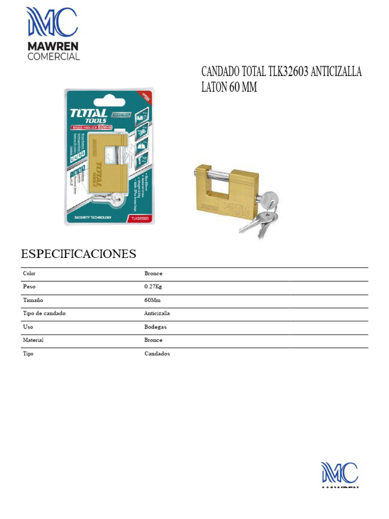 CANDADO TOTAL TLK32603 ANTICIZALLA LATON 60 MM _ BROCHURE | PDF