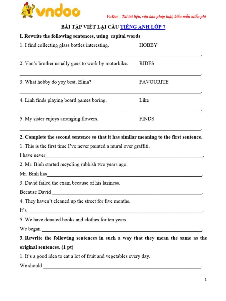 bai-tap-viet-lai-cau-tieng-anh-lop-7-chuong-trinh-moi-co-dap-an | PDF