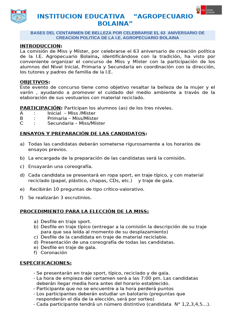 BASES DE MISS BOLAINA 2024 Fichas | PDF