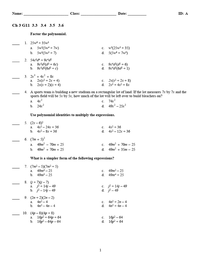 Polynomial Factoring and Identities Quiz | PDF | Zero Of A Function ...