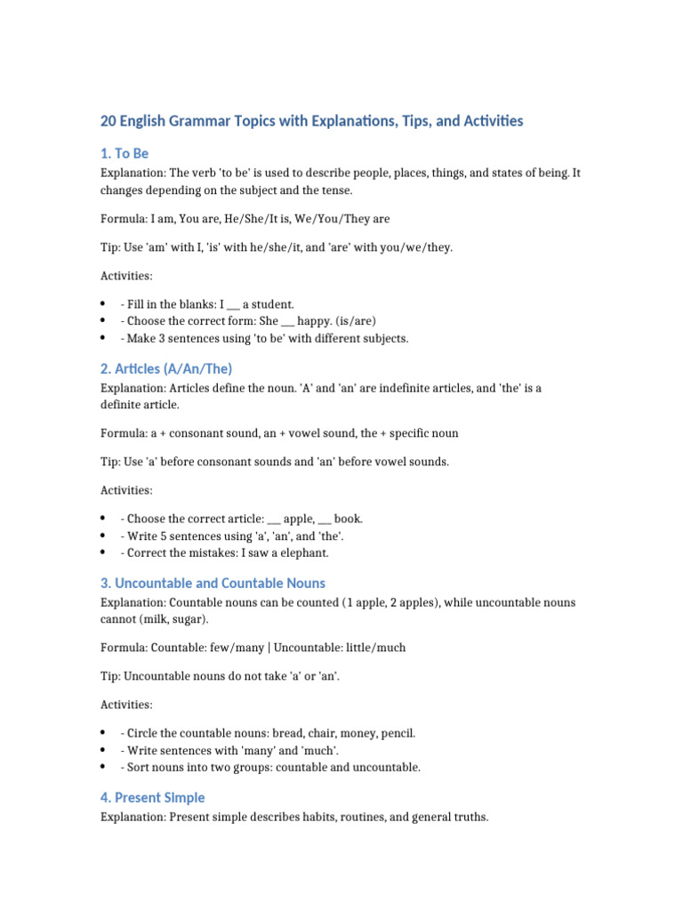 Extended Grammar Topics With Activities | PDF