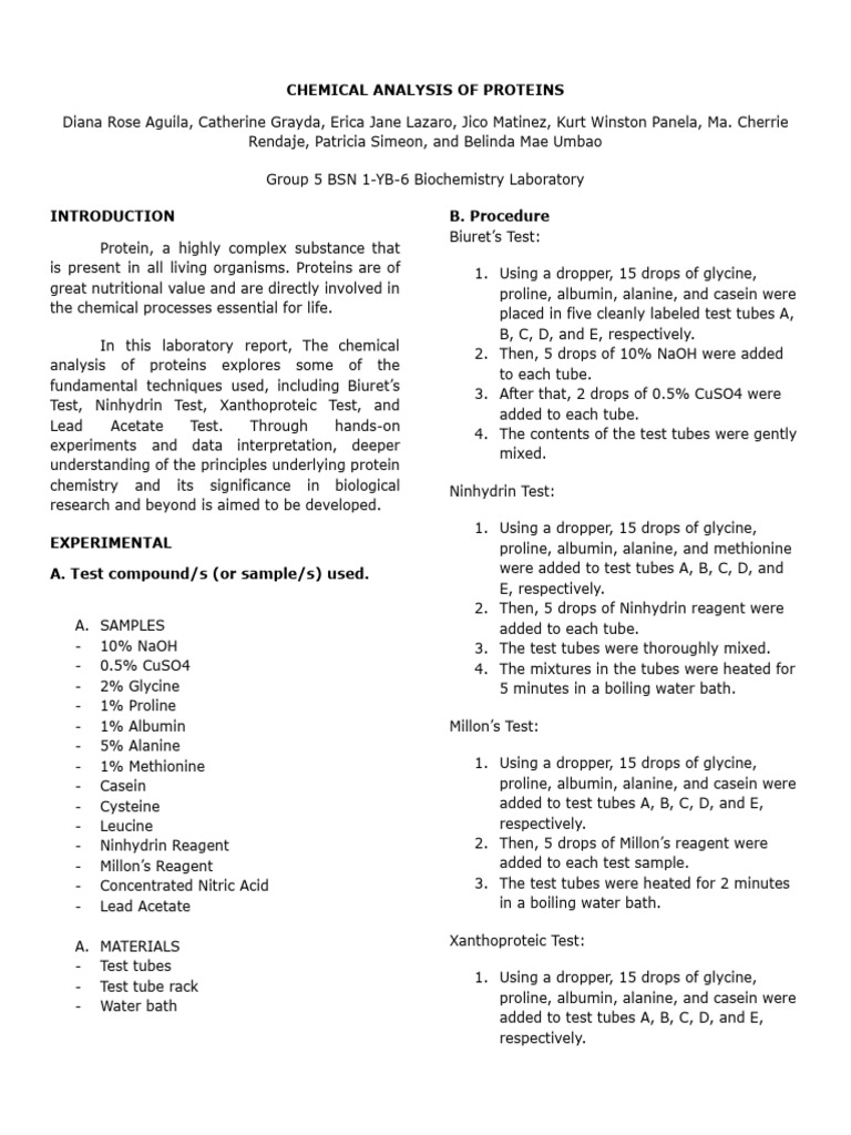 CHEMICAL ANALYSIS OF PROTEINS.docx | PDF | Amino Acid | Proline