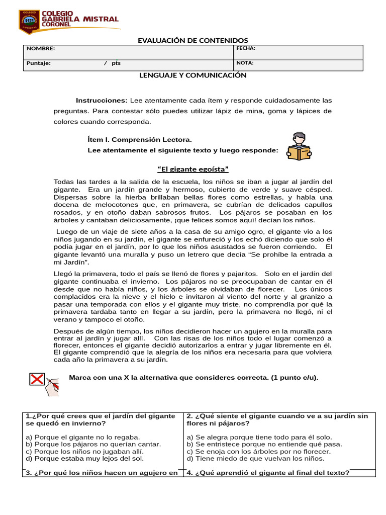 Evaluación de Contenidos N1 Cuento 3ro Basico | PDF