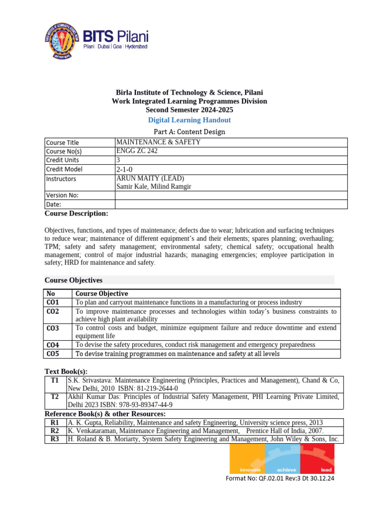 Engg Zc242 Course Handout | PDF | Reliability Engineering | Safety