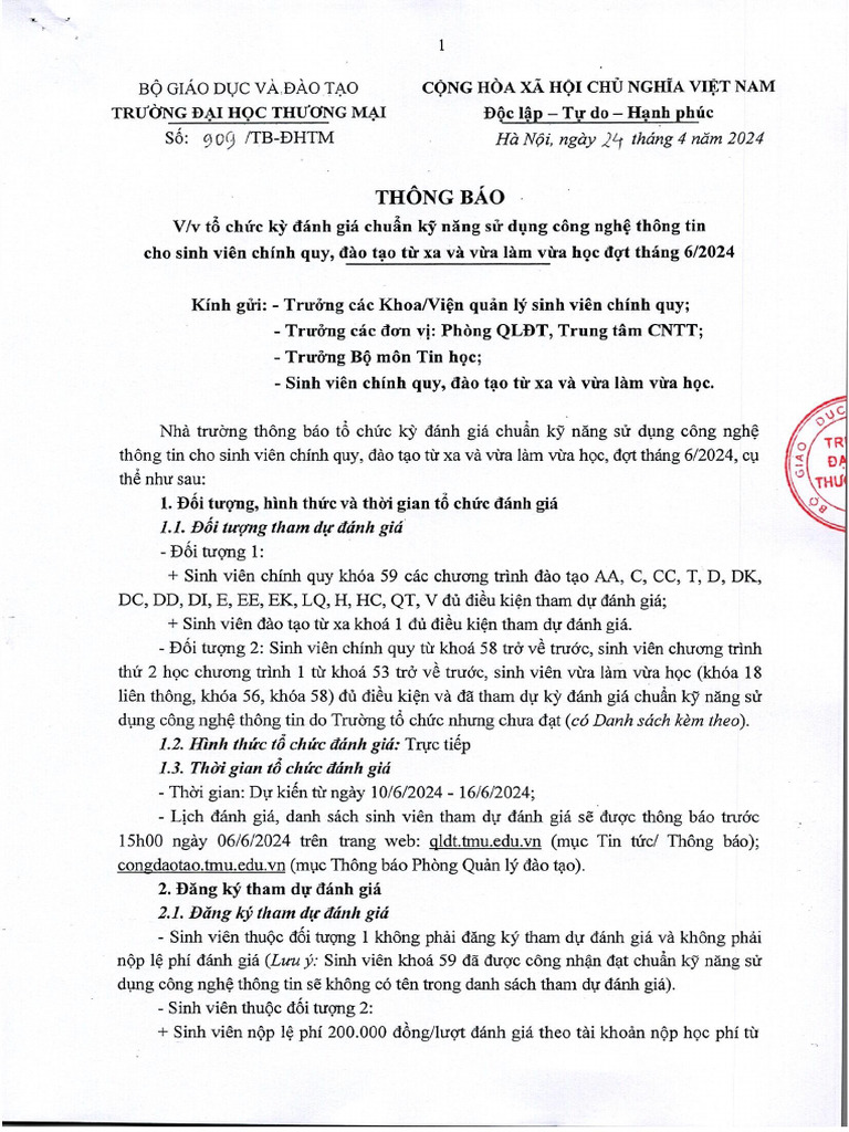 TB 909 vv tổ chức đánh giá chuẩn kỹ năng sd CNTT cho SVCQ đợt tháng 6 ...