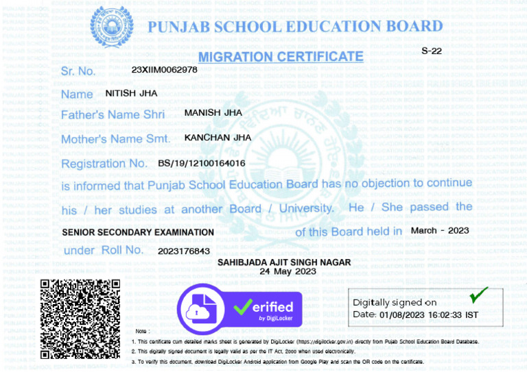 PSEB Certificate via DigiLocker | PDF