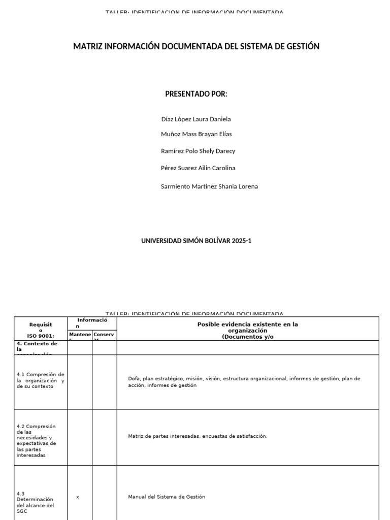 Taller-Información Documentada ISO 9001 - 2015 | PDF | Sistema de ...
