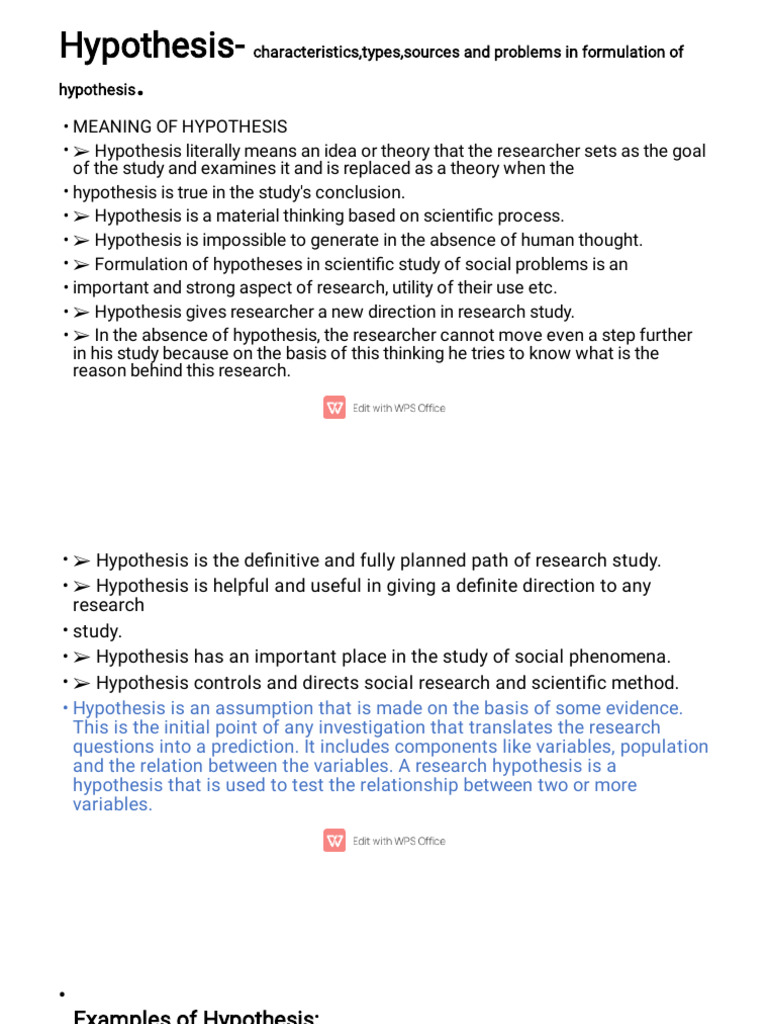 Hypothesis- Characteristics,Types,Sources and Problems in Formulation ...