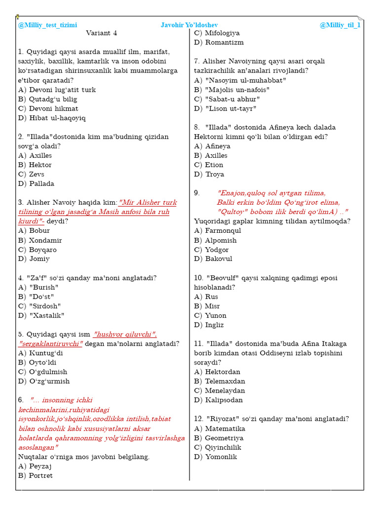 10-Sinf Adabiyot (2022) Variant 4 | PDF