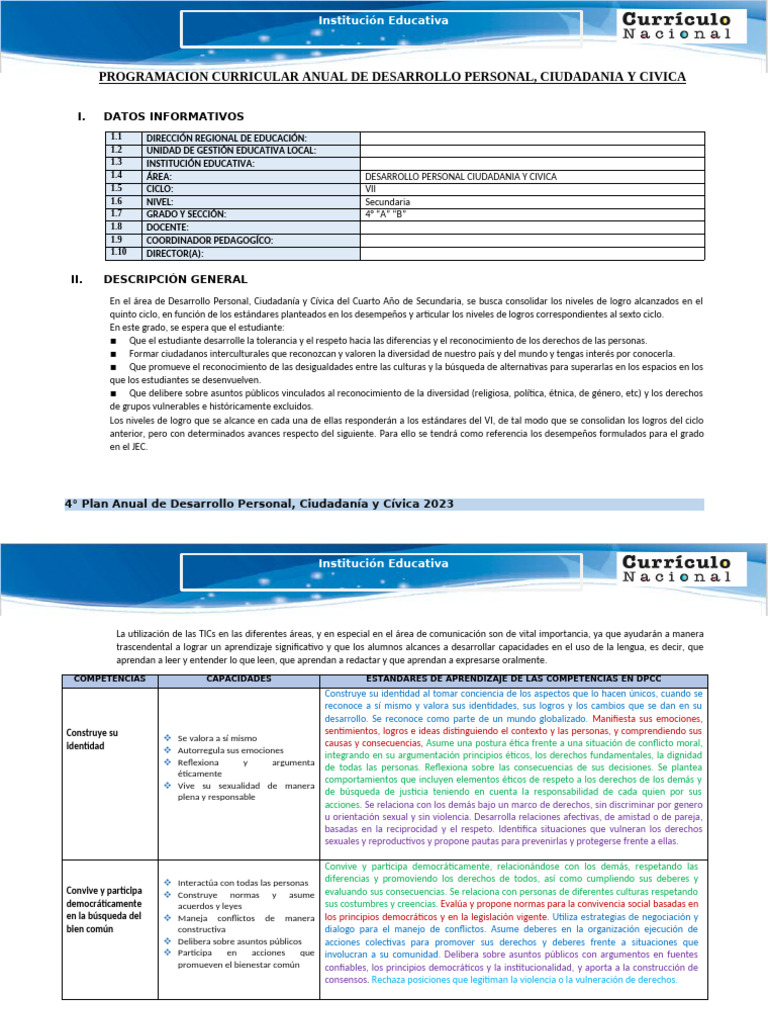 PROGRAMACION ANUAL - DPCC 4° SEC. 2023 | PDF | Sociedad | Comunidad