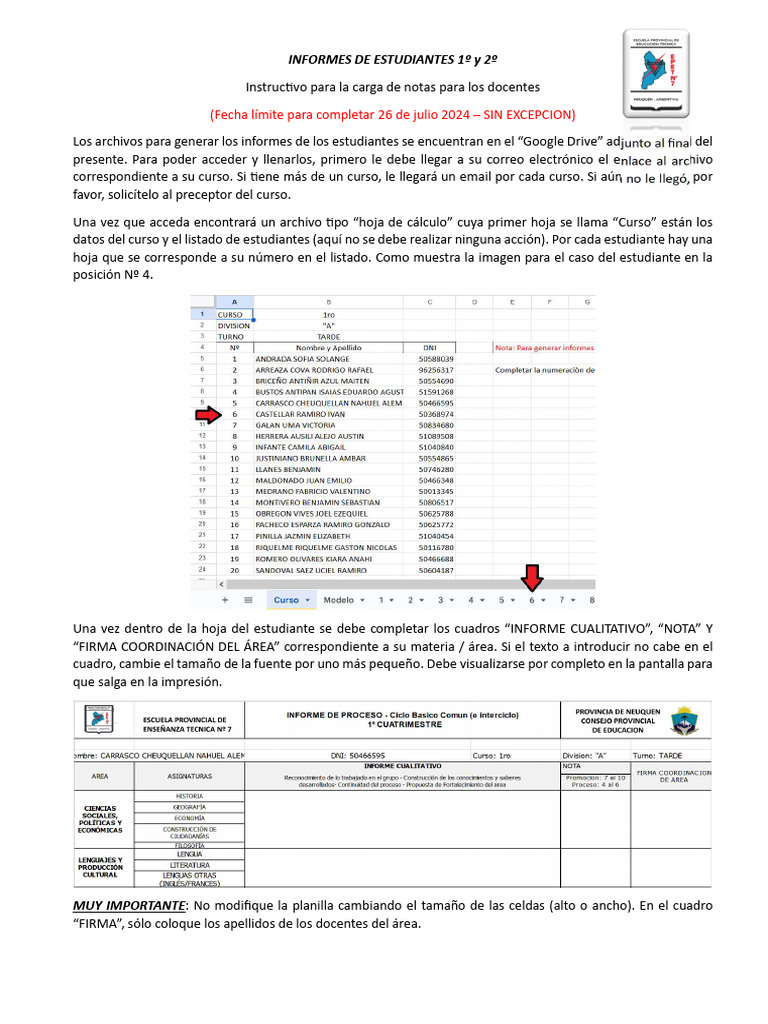 Instructivo para Informes 1ro y 2do Año | PDF | Aprendizaje