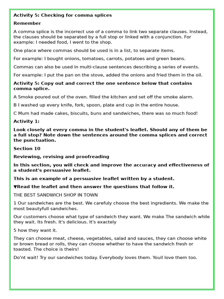 Comma Splices (SB PG 212, 215) Homework Worksheet | PDF | Comma | Foods