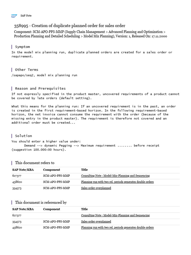 PPDS OSS Creation of Duplicate Planned Order For Sales Order | PDF