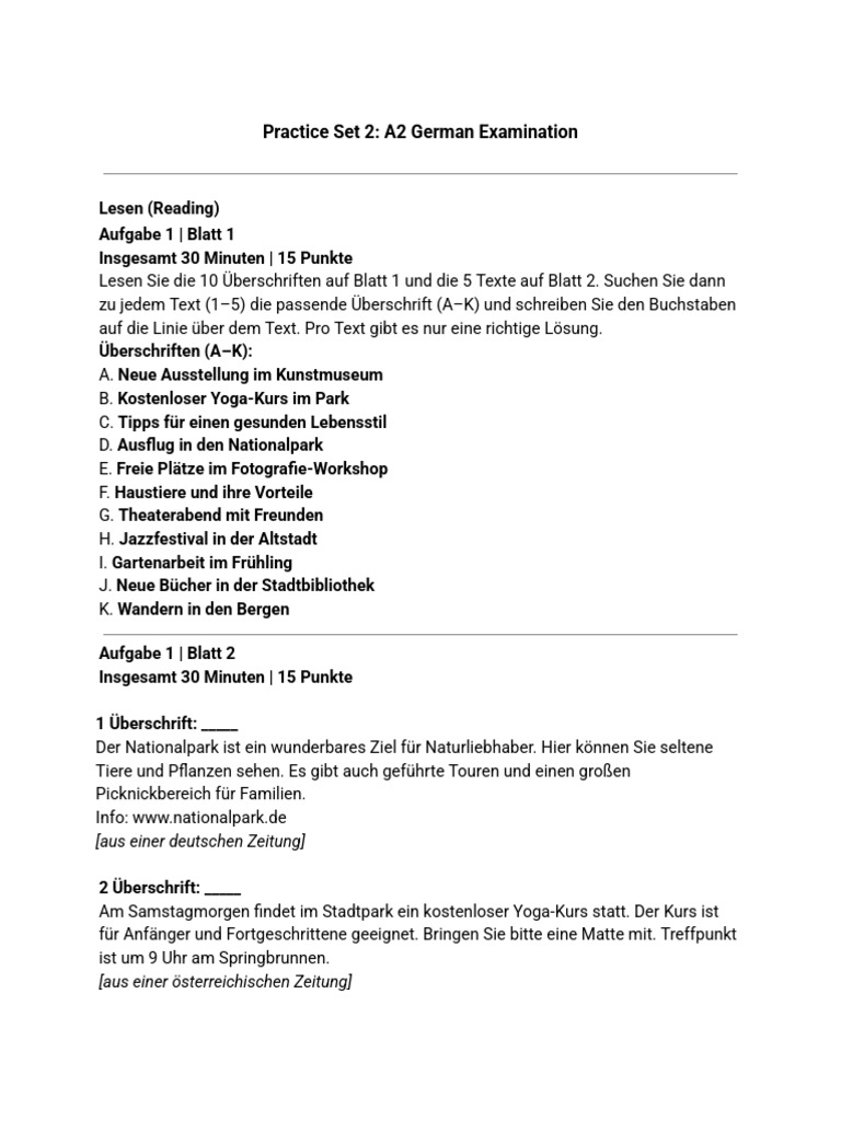 Practice Set 2 - A2 German Examination | PDF