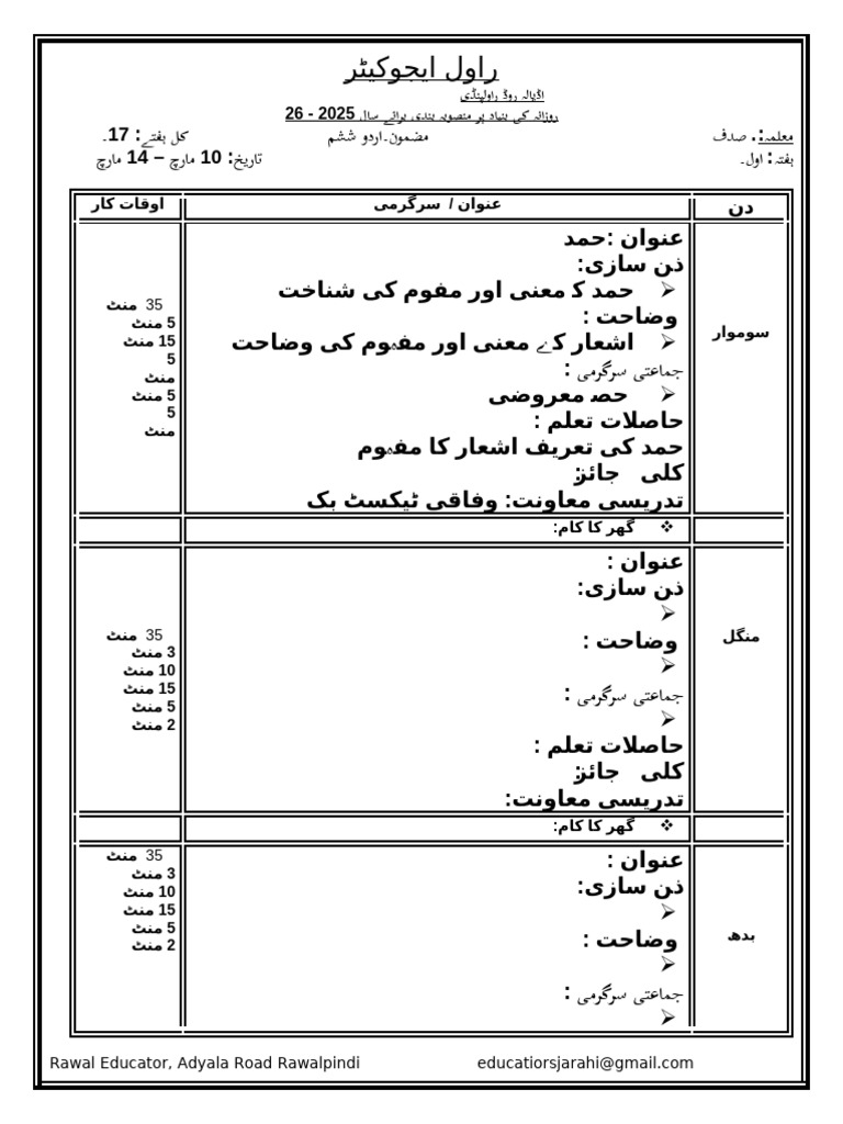Class 6 Urdu Planer | PDF