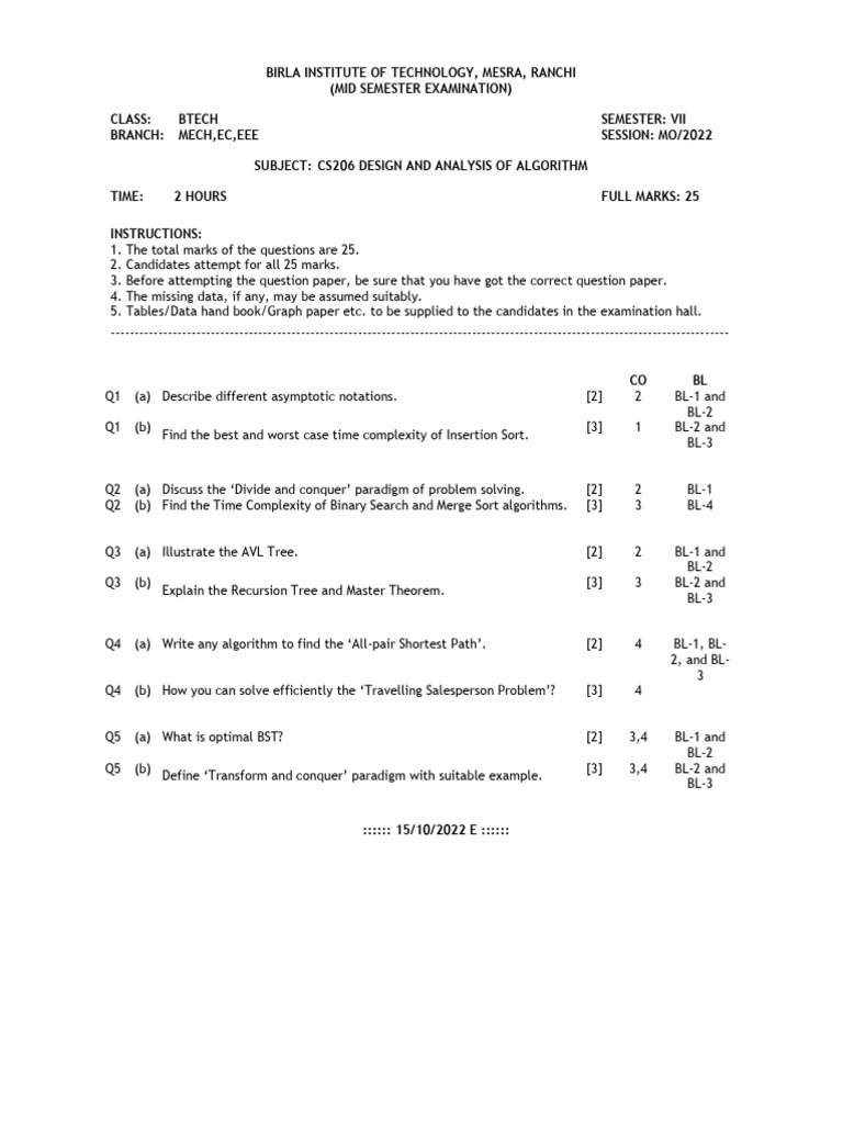 BIT Mesra CS206 Exam Paper 2022 | PDF | Time Complexity | Applied ...