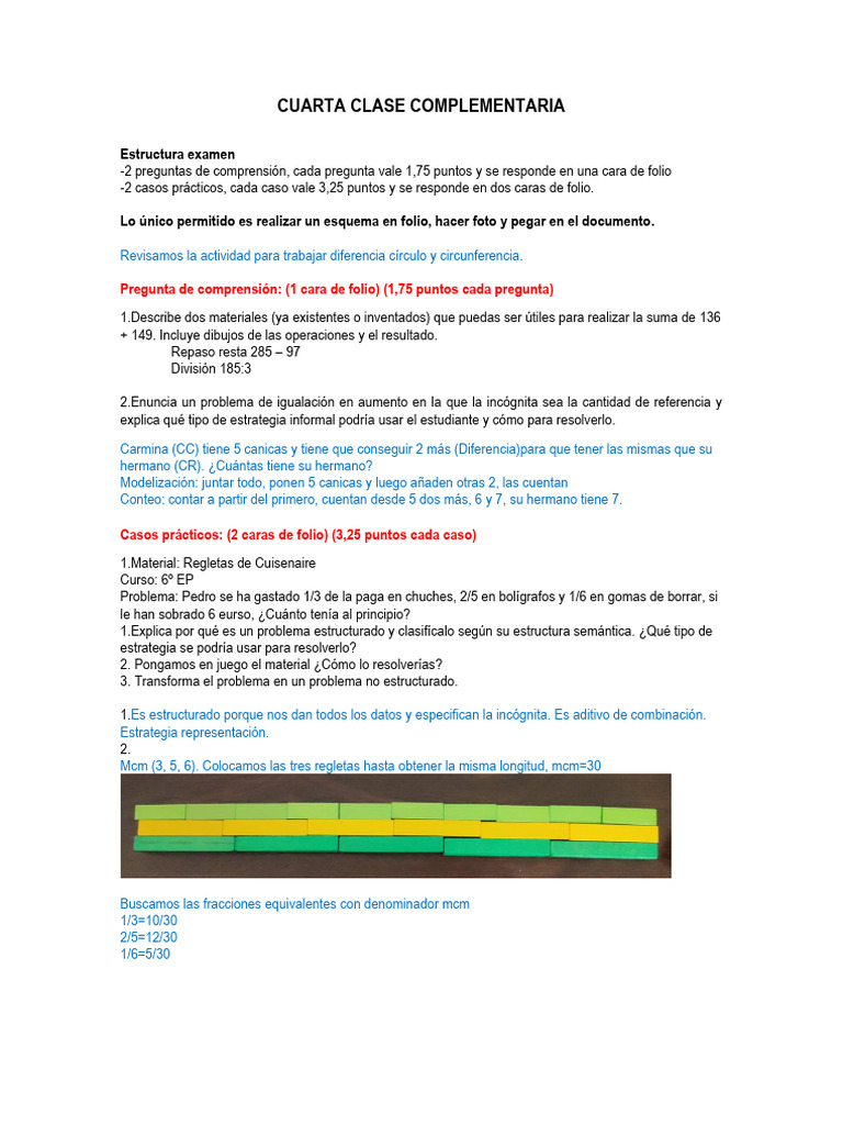 CUARTA+CLASE+COMPLEMENTARIA+CON+RESPUESTAS | PDF | Multiplicación | Matemáticas