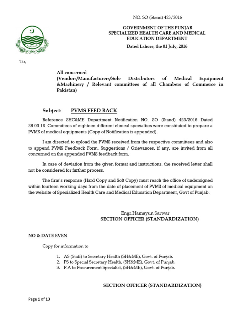 PVMS Feedback for Medical Equipment | PDF | Lahore | Medicine