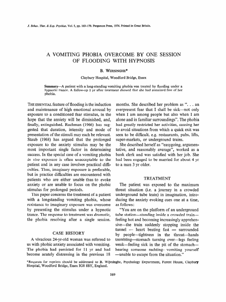 A Vomiting Phobia Overcome by One Session of Flooding With Hypnosis ...