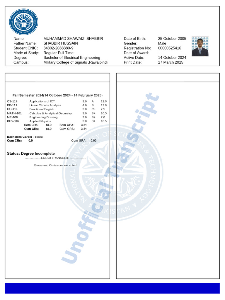 Muhammad Shawaiz Shabbir's Academic Transcript | PDF