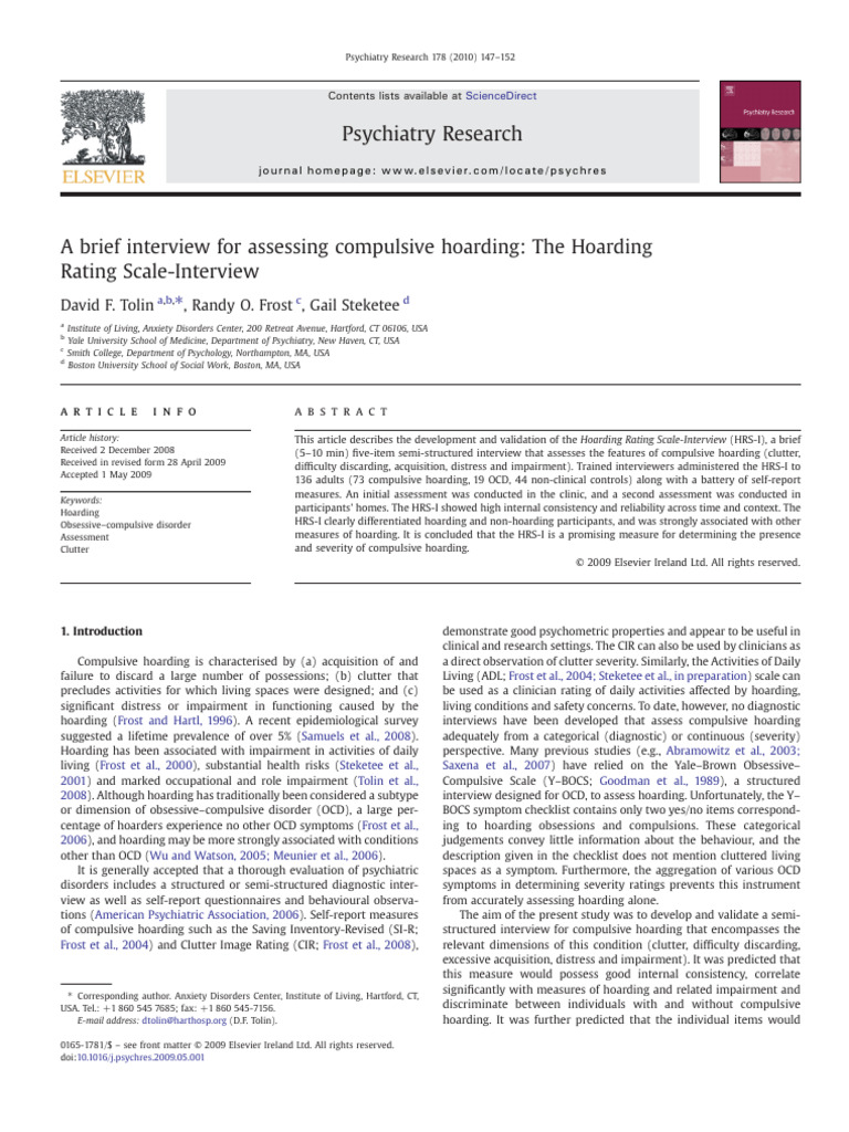 Psychiatry Research: David F. Tolin, Randy O. Frost, Gail Steketee ...