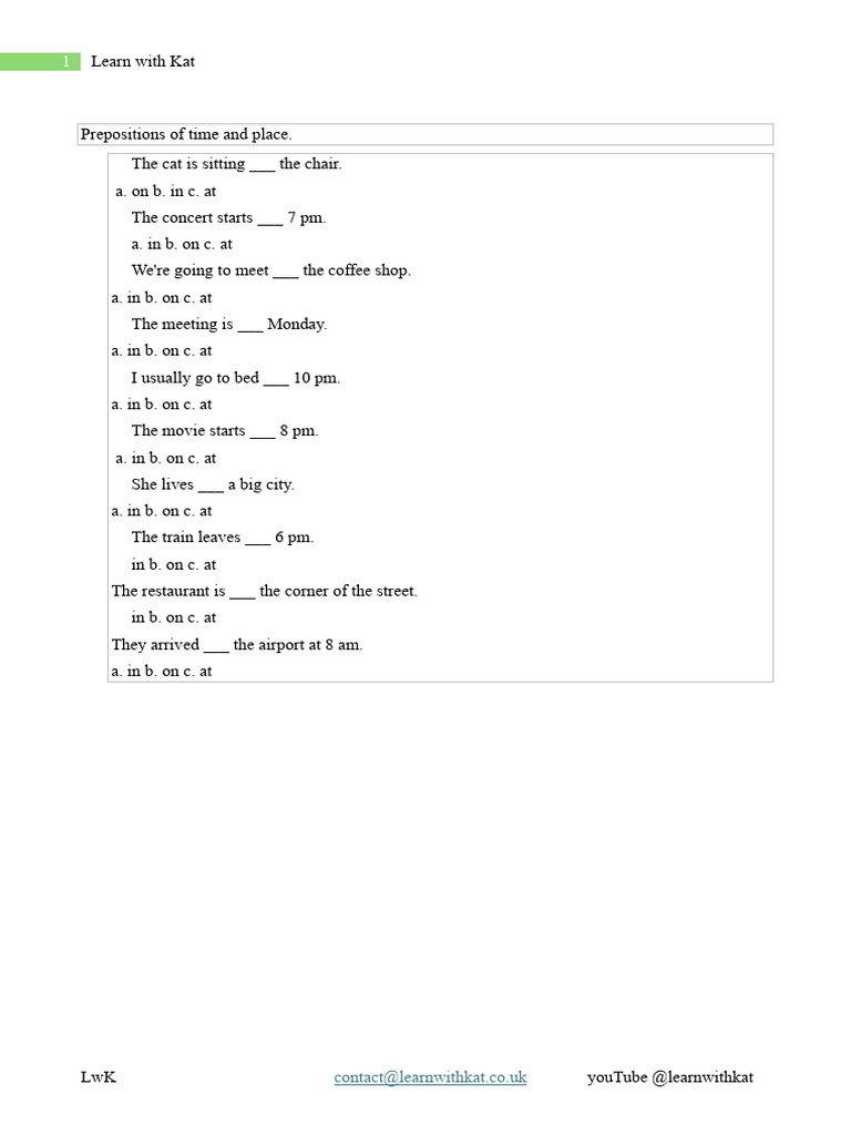 ESL Quiz Prepositions of Time and Place | PDF