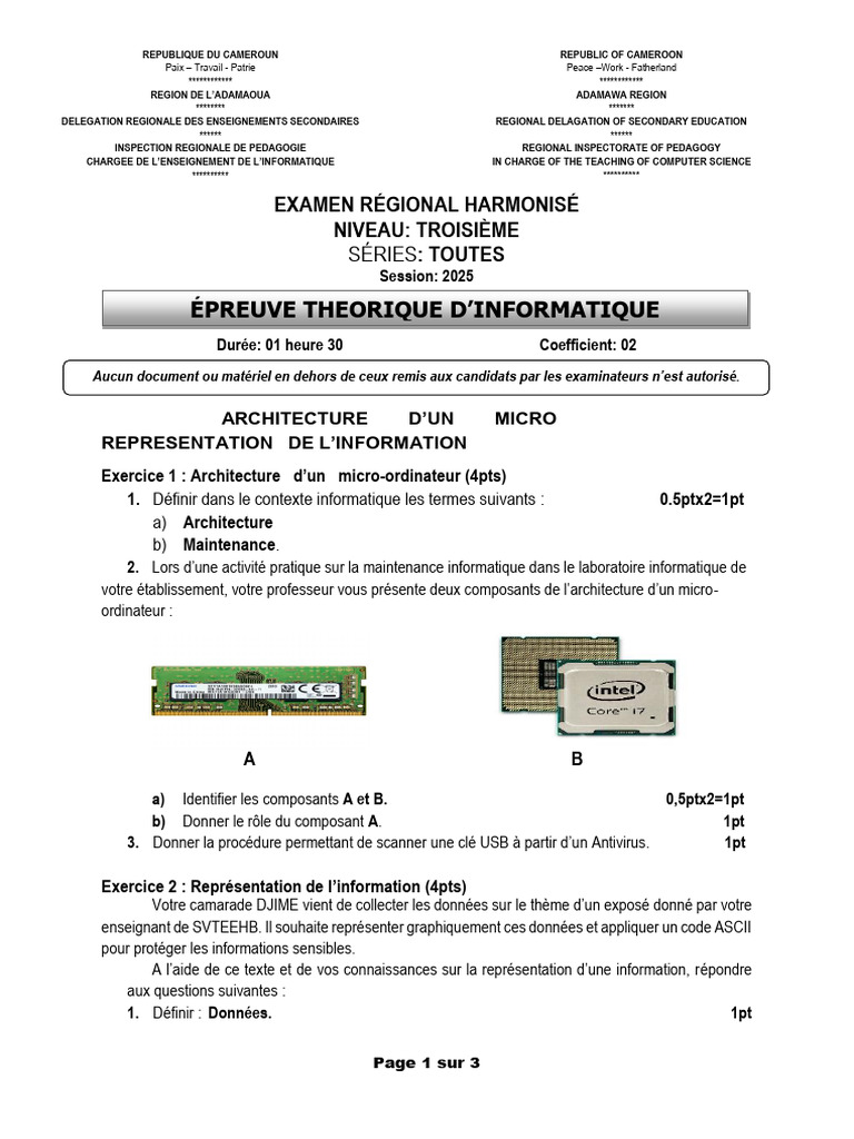 Épreuve Informatique BEPC 2025 Cameroun | PDF | Informatique | Informatique