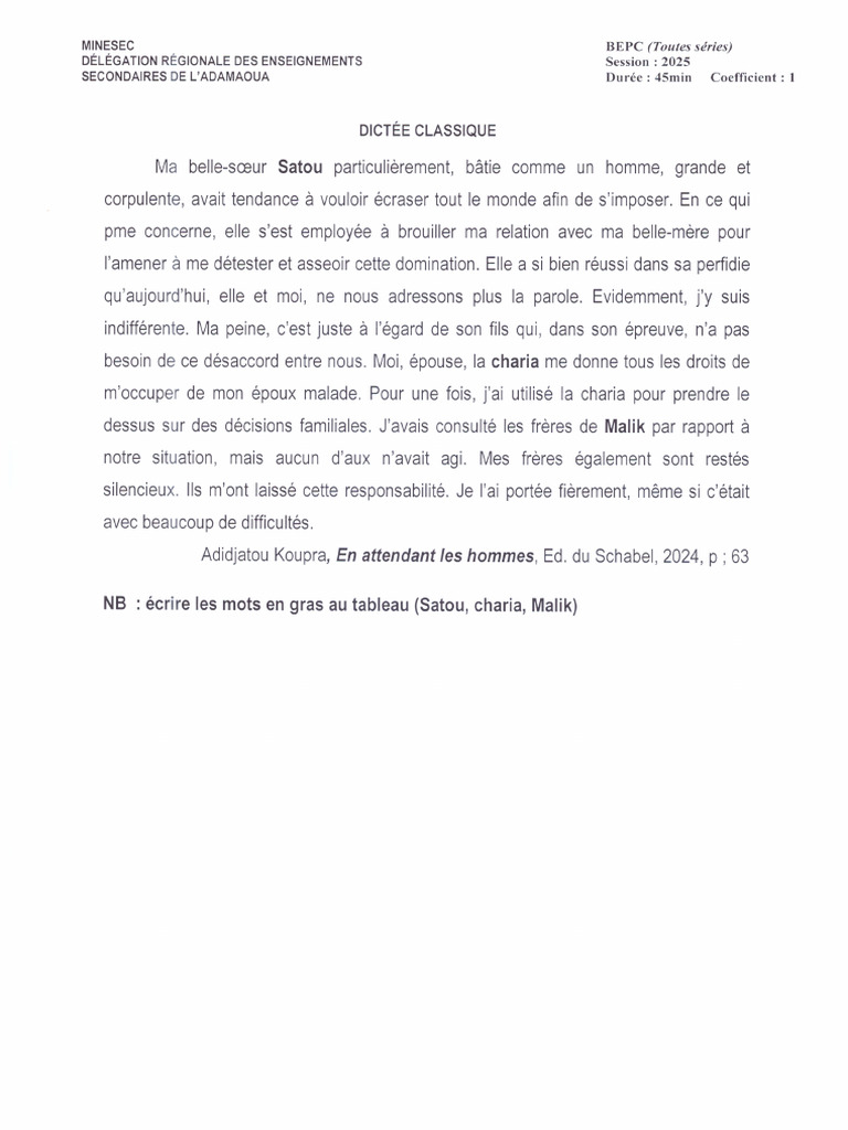 BEPC BLANC 2025 Dictée Classique | PDF