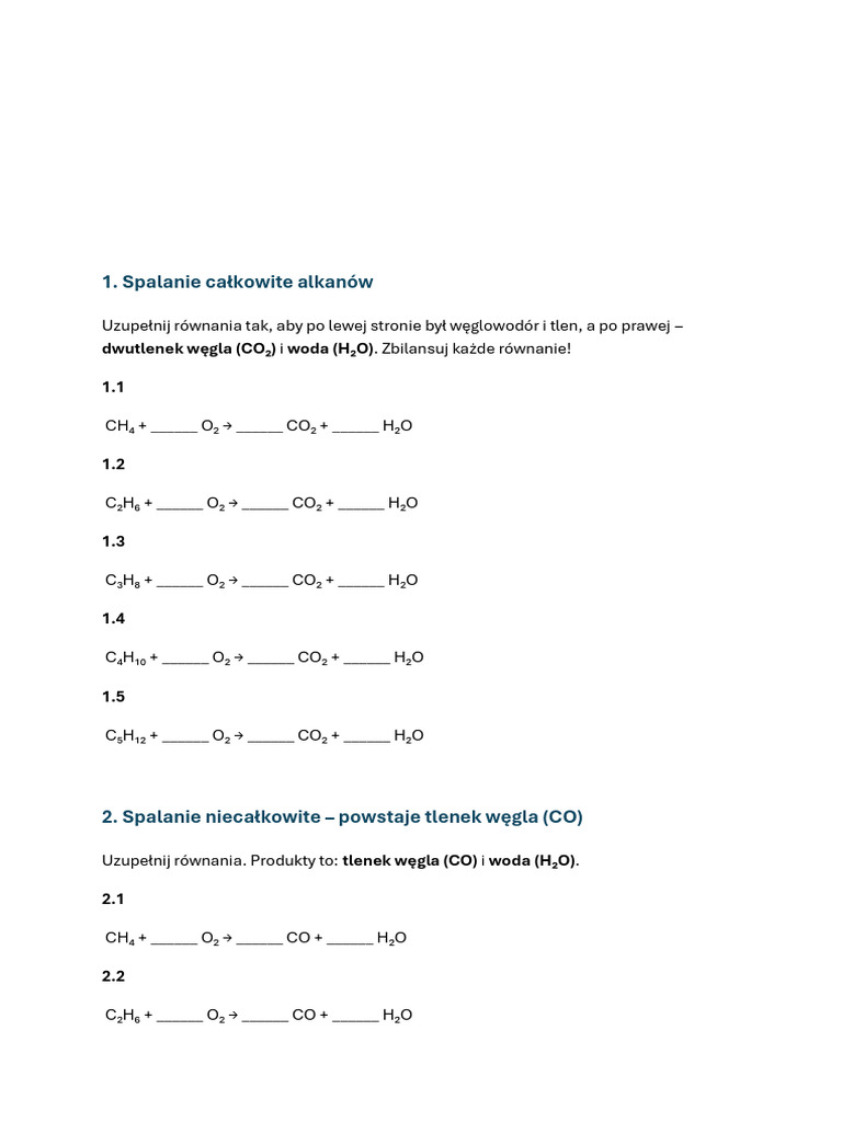 Spalanie Całkowite Alkanów: Dwutlenek Węgla (CO ) Woda (H O) | PDF