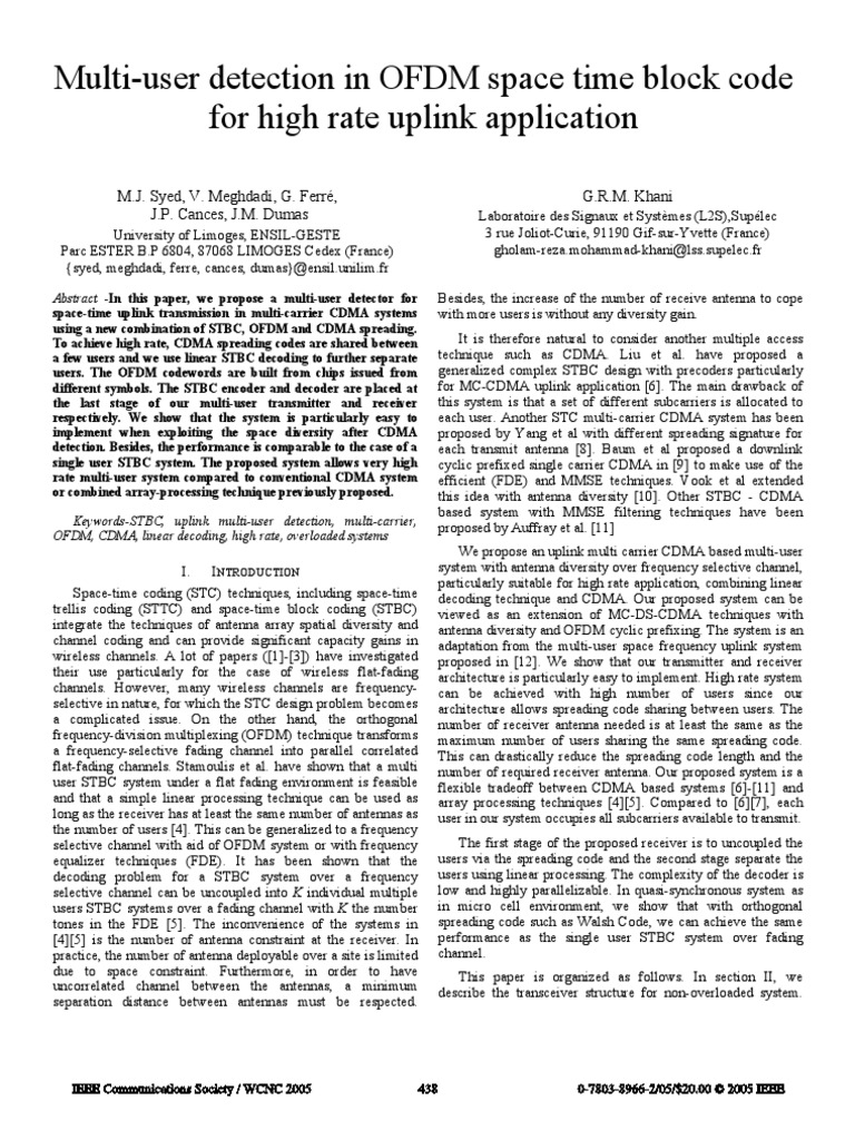 Multi User Detection In Ofdm Space Time Block Code For High Rate Uplink Application Pdf Code