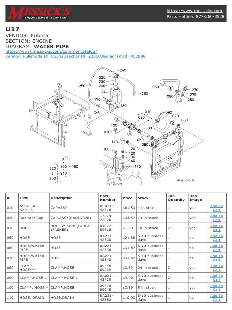 Messick's Kubota U17 Water Pipe Parts - Ku-86342-228683-452998 | PDF