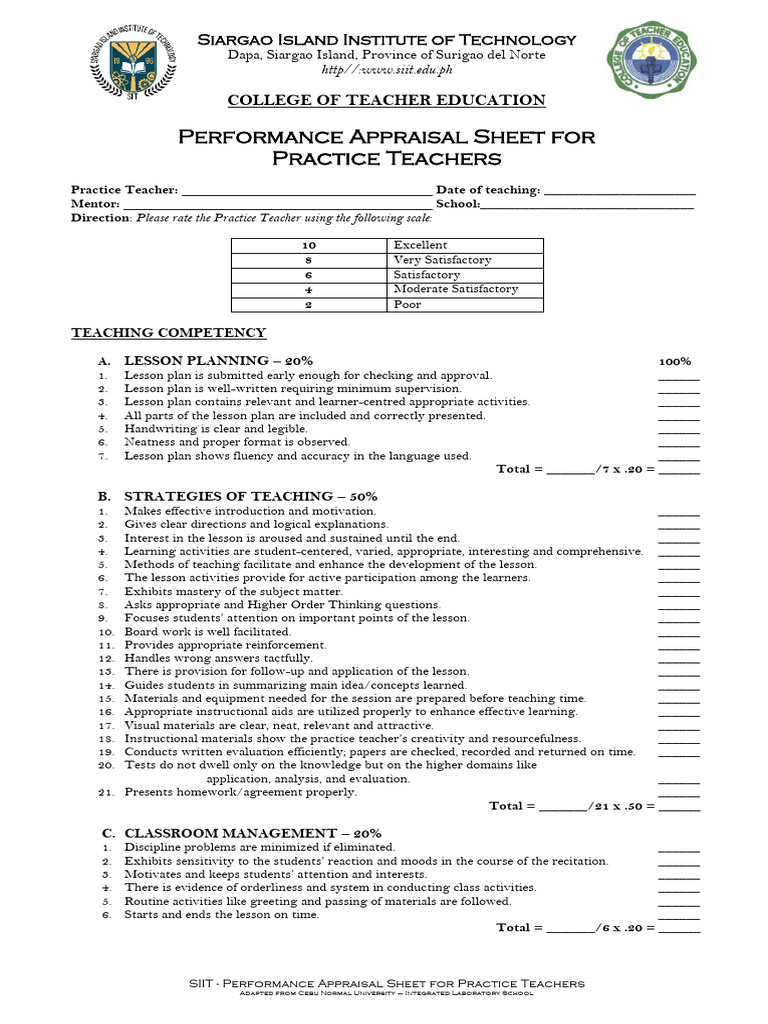 Performance Appraisal Sheet PT | PDF | Lesson Plan | Teachers