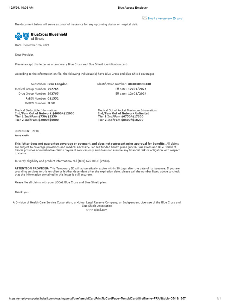 Langdon, Fran Temporary ID Card | PDF | Blue Cross Blue Shield ...
