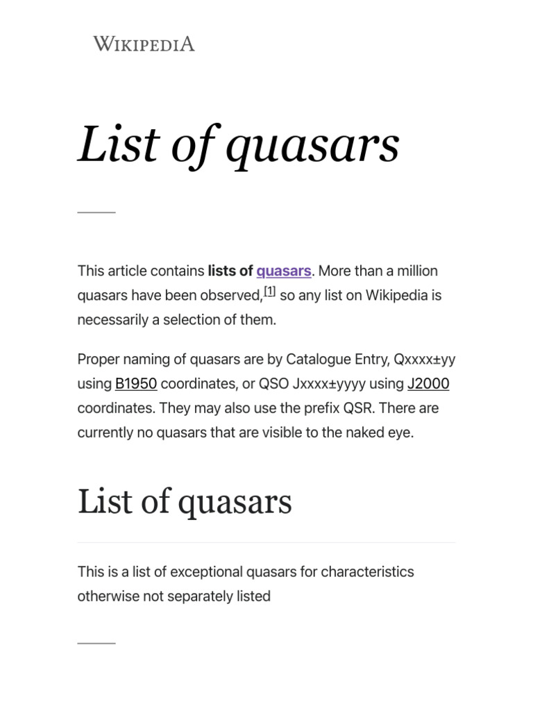 List of Quasars - Wikipedia | PDF | Quasar | Redshift