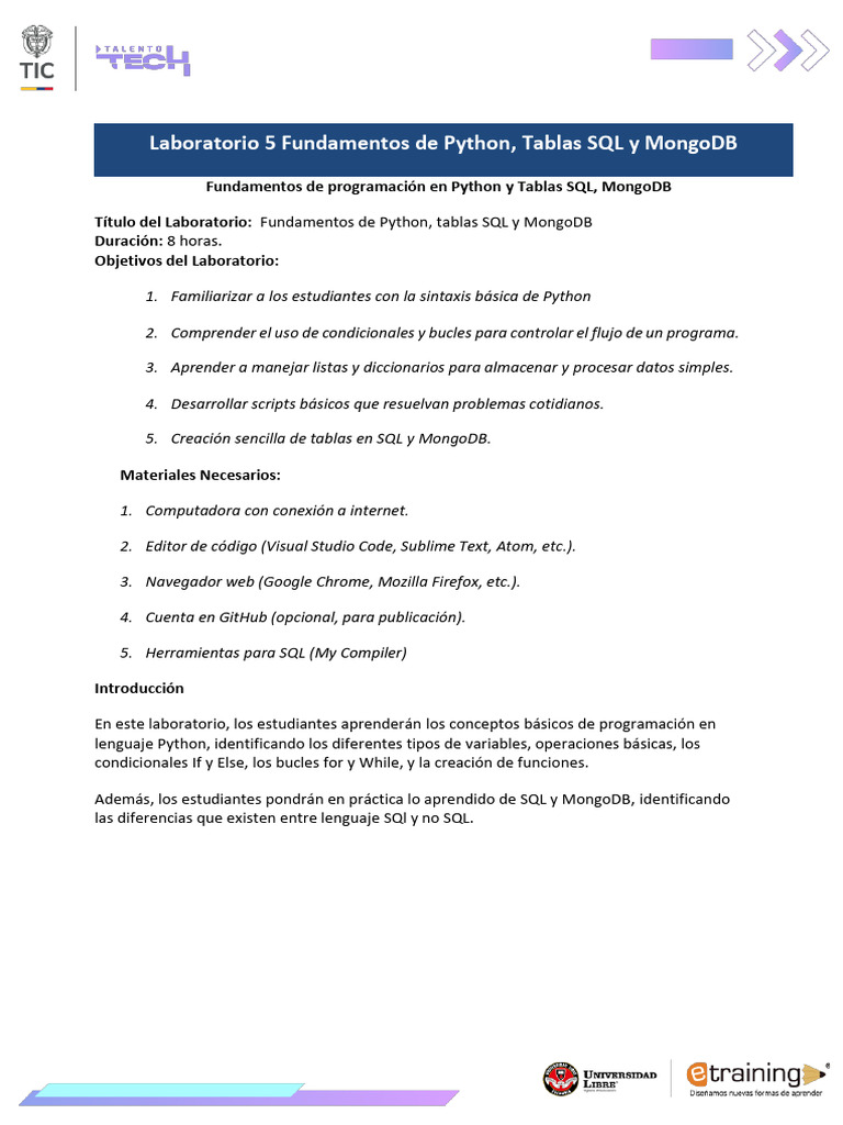 Laboratorio 5, Fundamentos de Programación en Python | PDF | Python (lenguaje de programación) | SQL