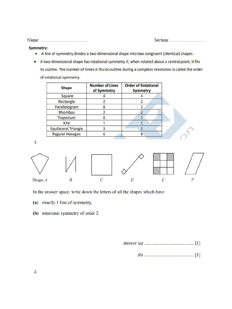 Maths Worksheet (Symmetry) | PDF