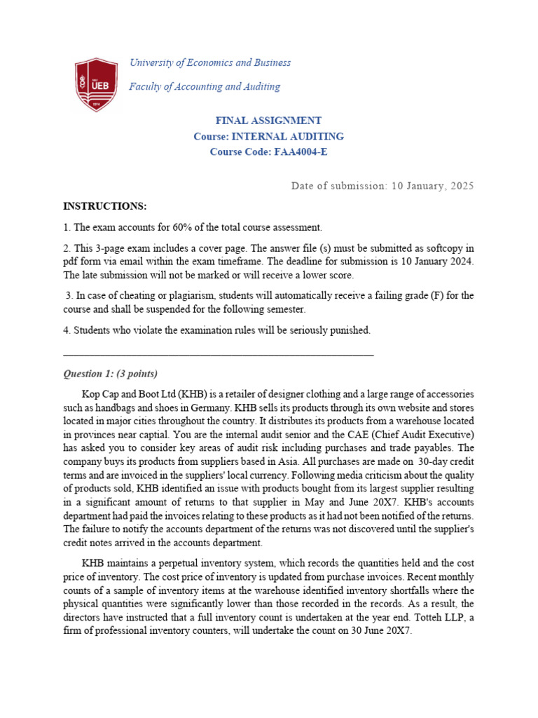 InternalAudit FinalAssignment 2024 | PDF | Internal Audit | Inventory
