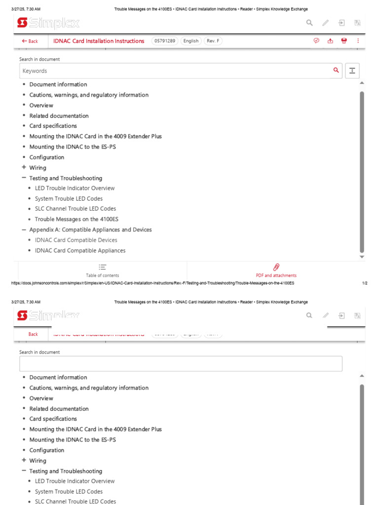 Trouble Messages On The 4100ES - IDNAC Card Installation Instructions - Reader - Simplex ...