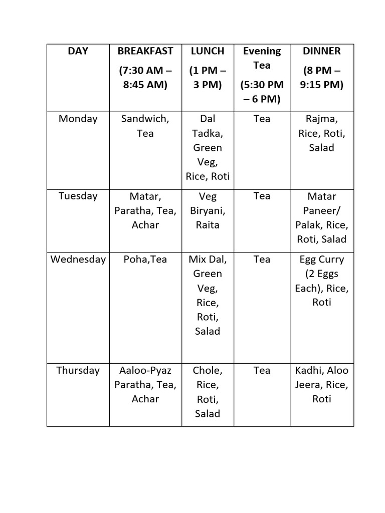 DAY Breakfast (7:30 AM - 8:45 AM) Lunch (1 PM - 3 PM) Evening Tea (5:30 ...