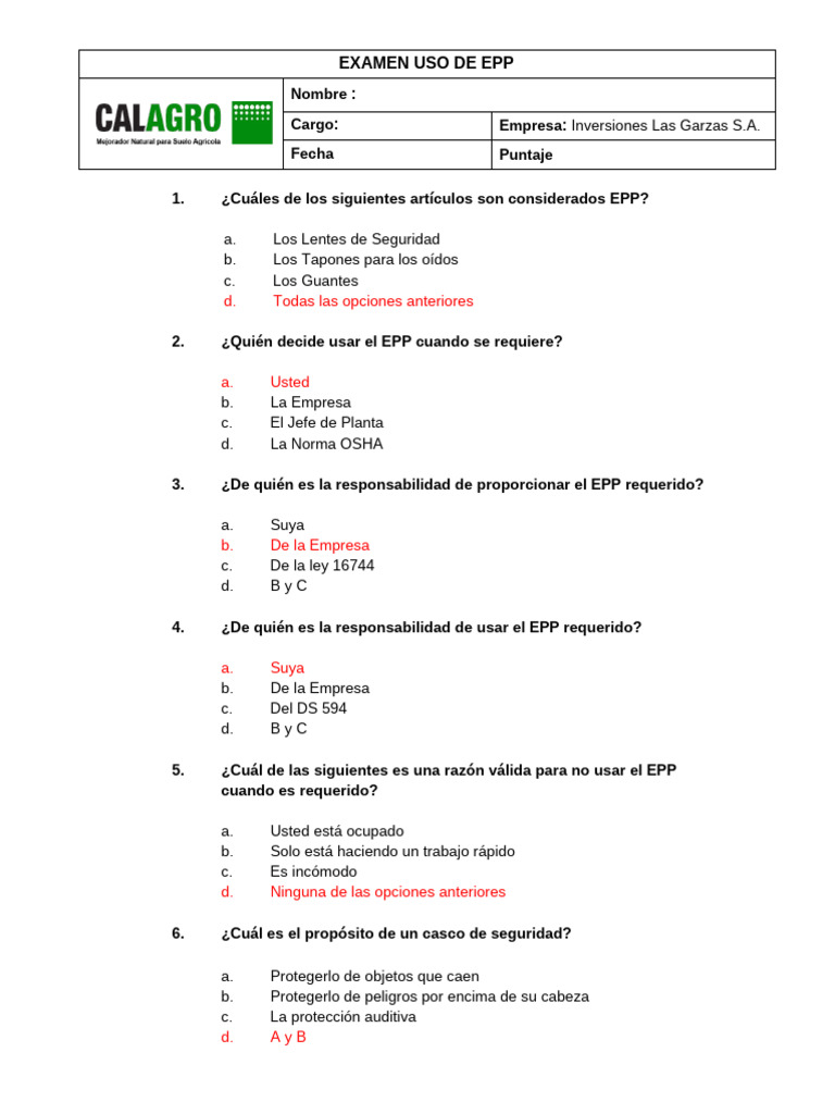 Examen Uso de Epp | PDF