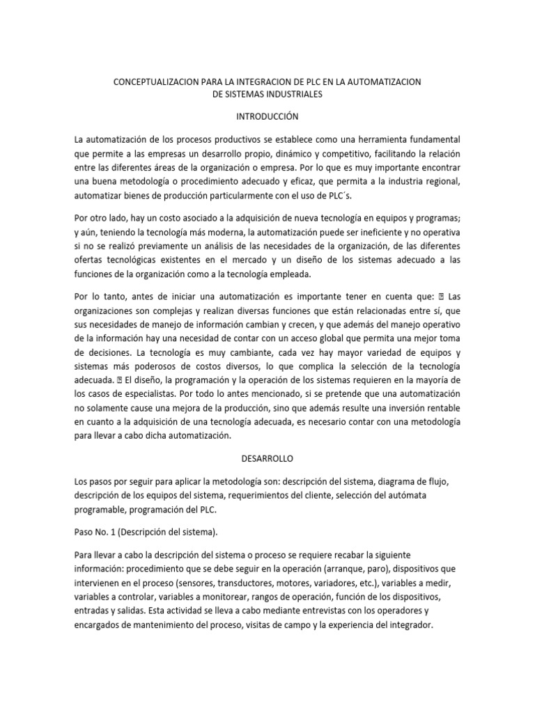 Conceptualizacion para La Integracion de PLC en La Automatizacion | PDF ...
