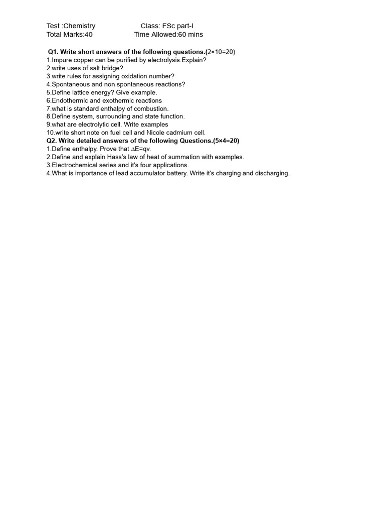 FSc Part-I Chemistry Test Questions | PDF