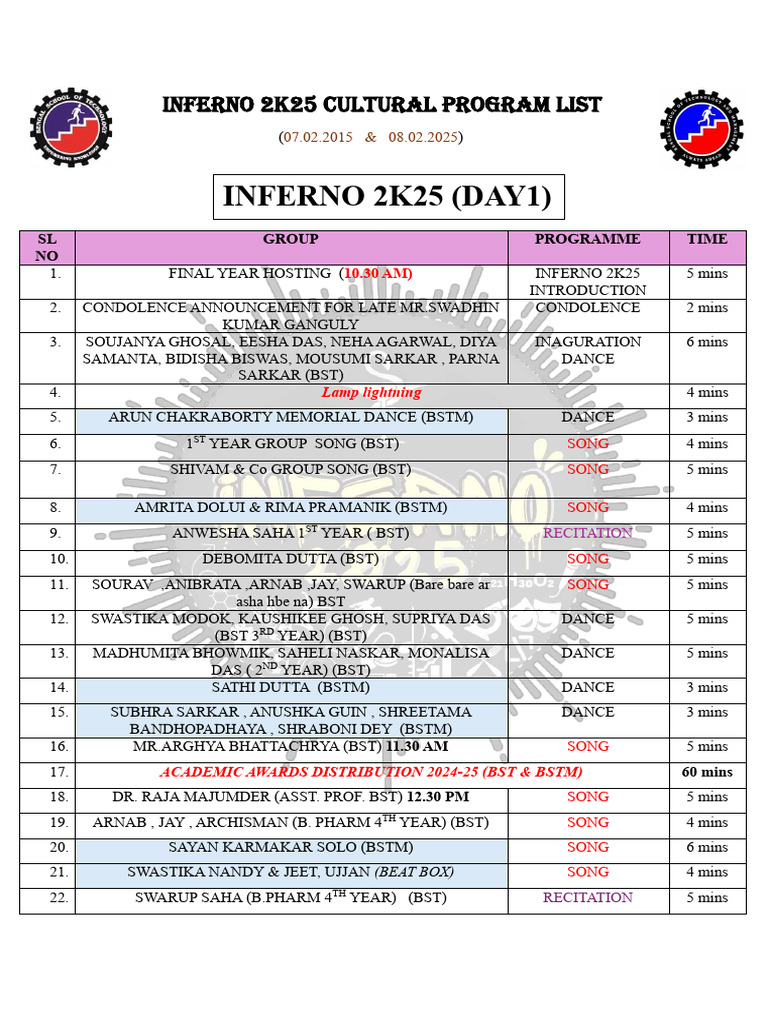 Inferno 2K25 Cultural Program Schedule | PDF